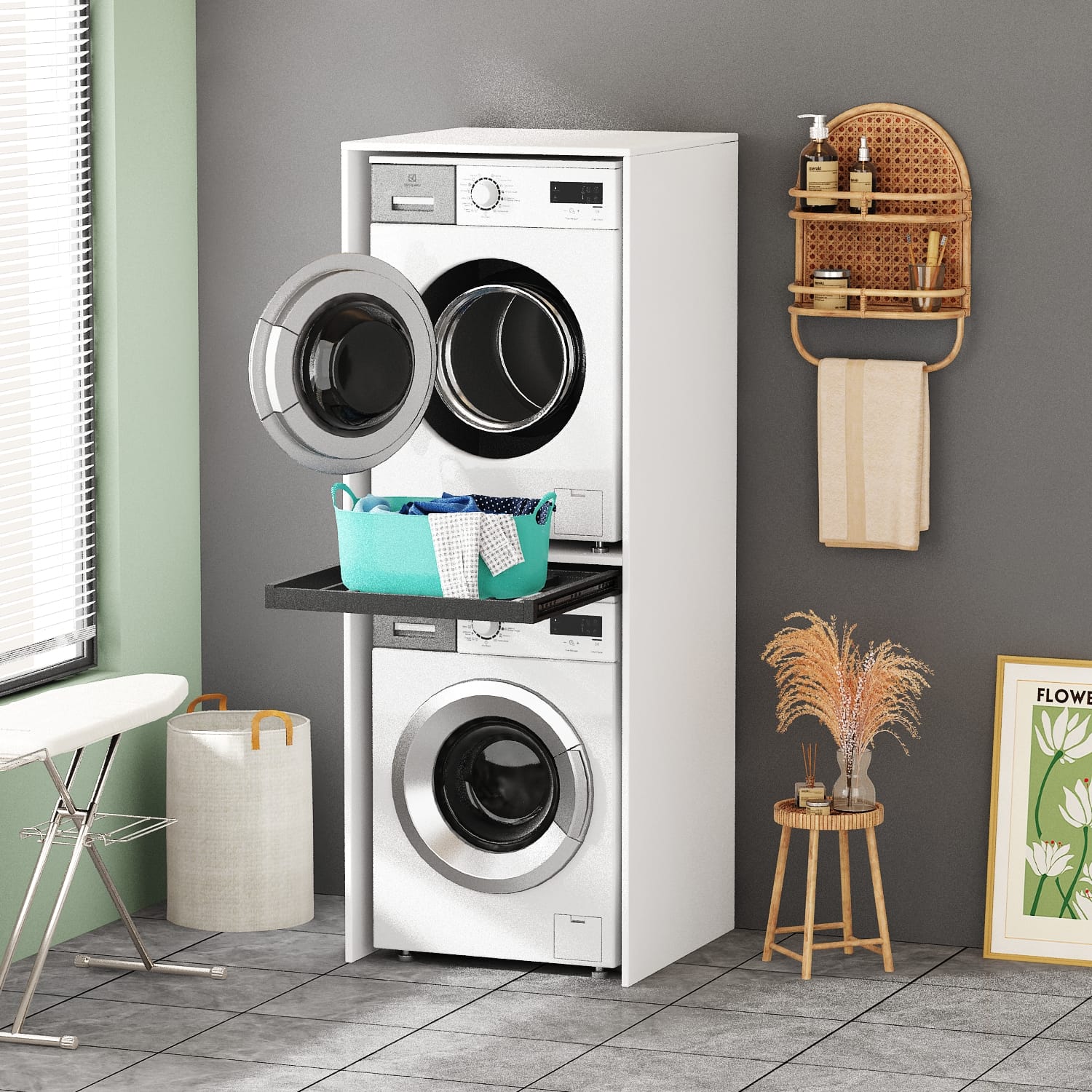 Cabinet for washing machine and dryer, with pull-out shelf, white